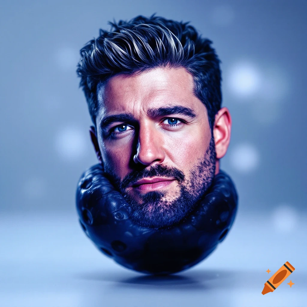 Close-up photorealistic portrait of a man's face emerging from a ...