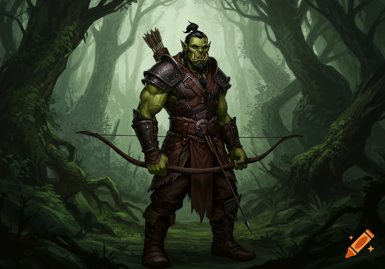 Orc ranger with bow and quiver standing in forest, digital art. on Craiyon