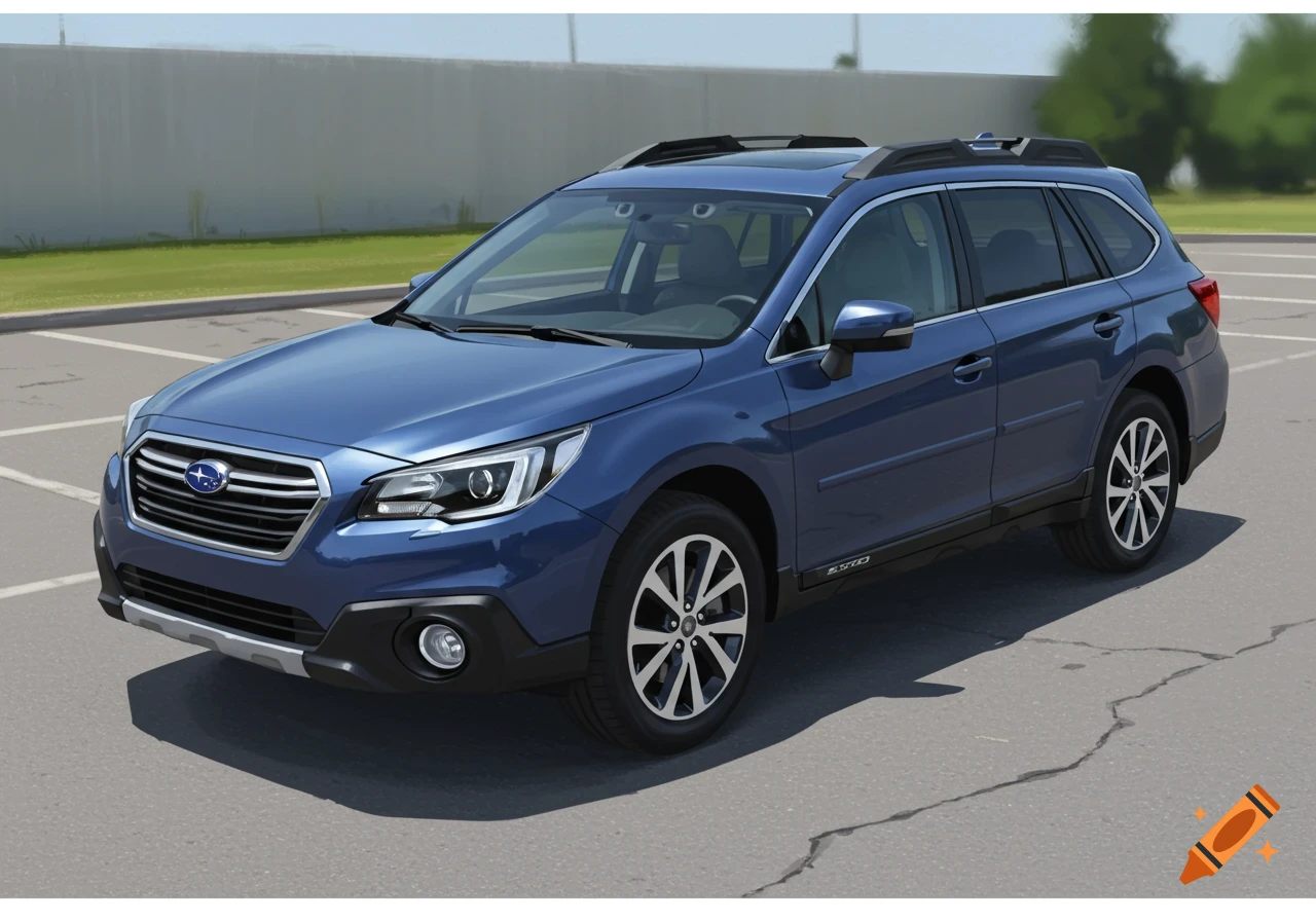 A blue Subaru station wagon parked in a lot from a side angle. on Craiyon