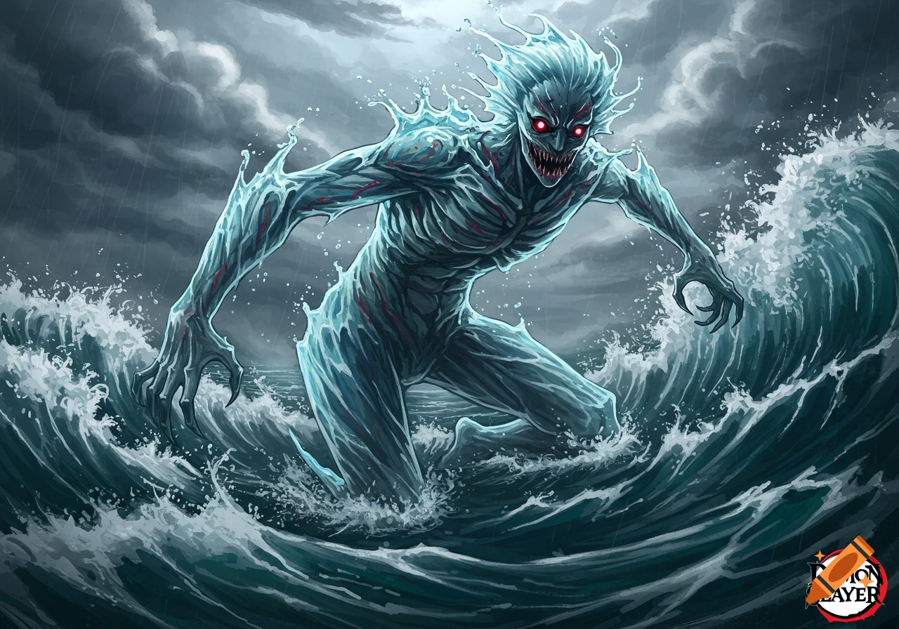 Illustration of a water demon rising from stormy waves on Craiyon