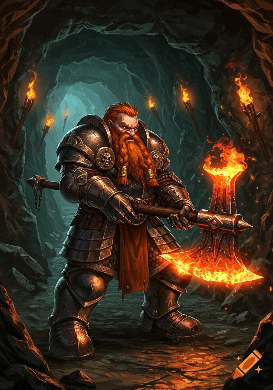A red-haired dwarf in armor holds a flaming axe in a torchlit cave. on ...