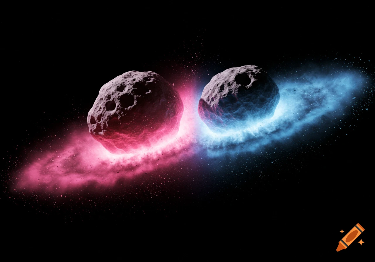 Two asteroids colliding in space with pink and blue glowing dust. on ...