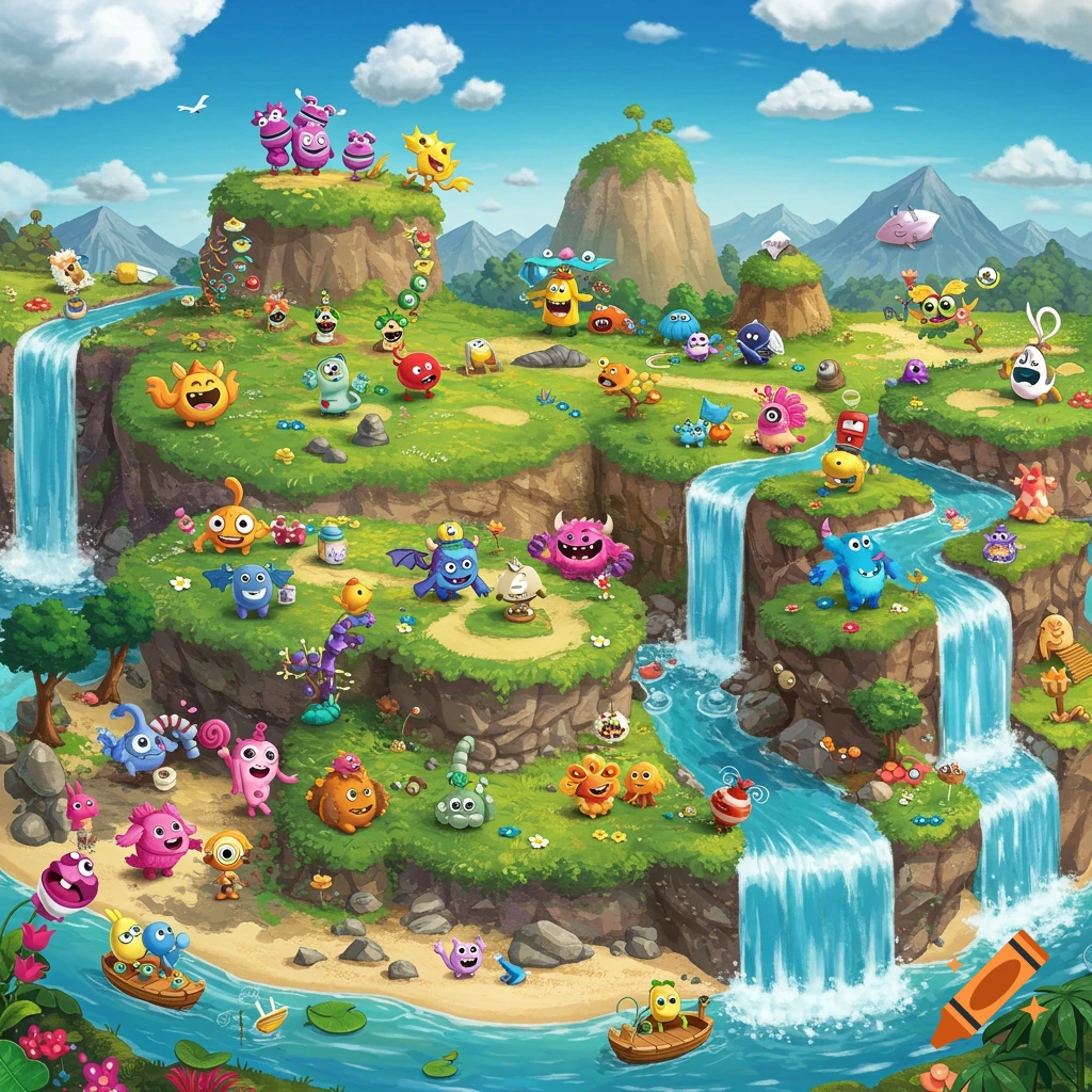 A colorful cartoon illustration of many cheerful monster characters on ...