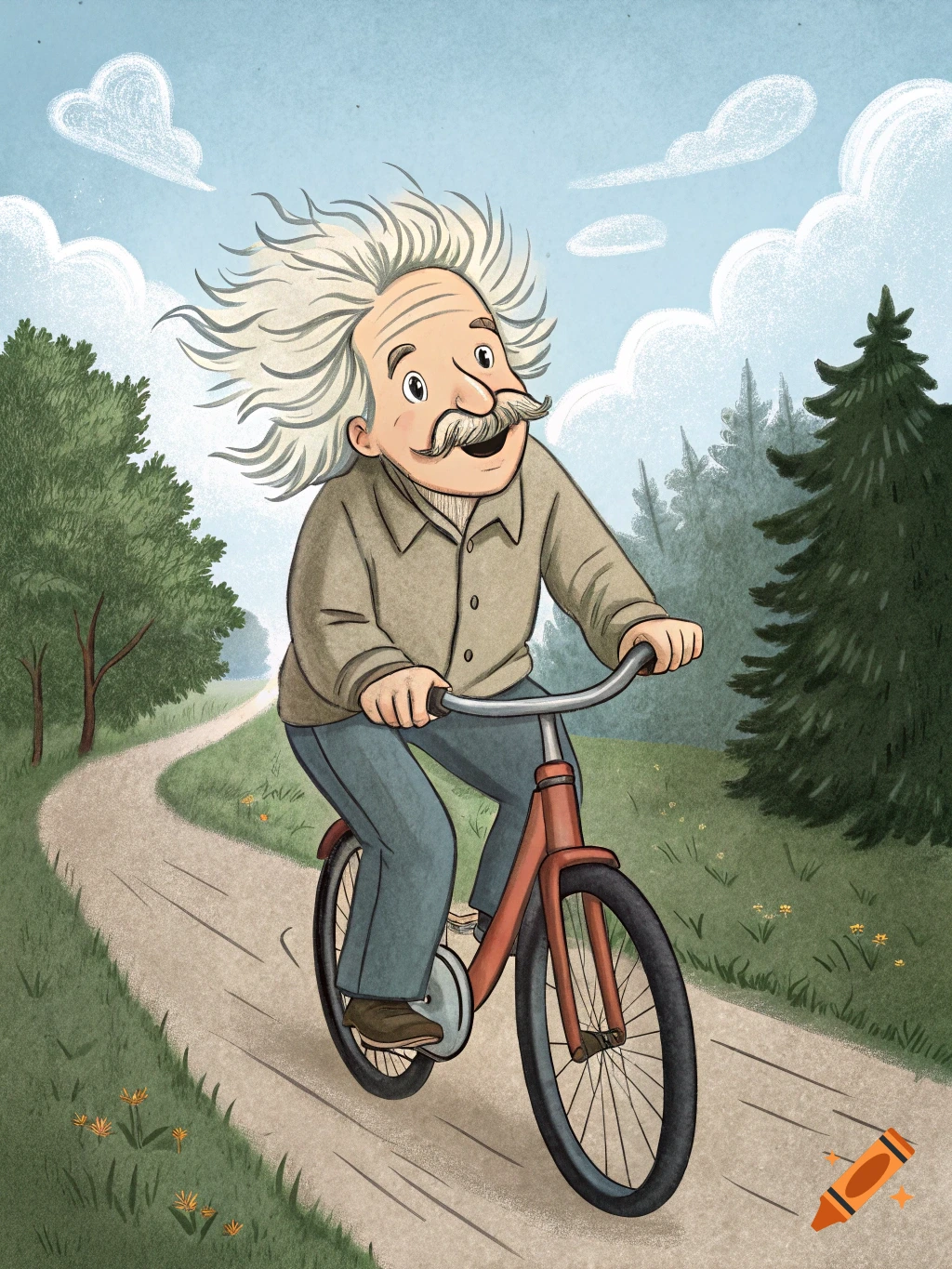 Cartoon illustration of Albert Einstein riding a bicycle on a path. on ...