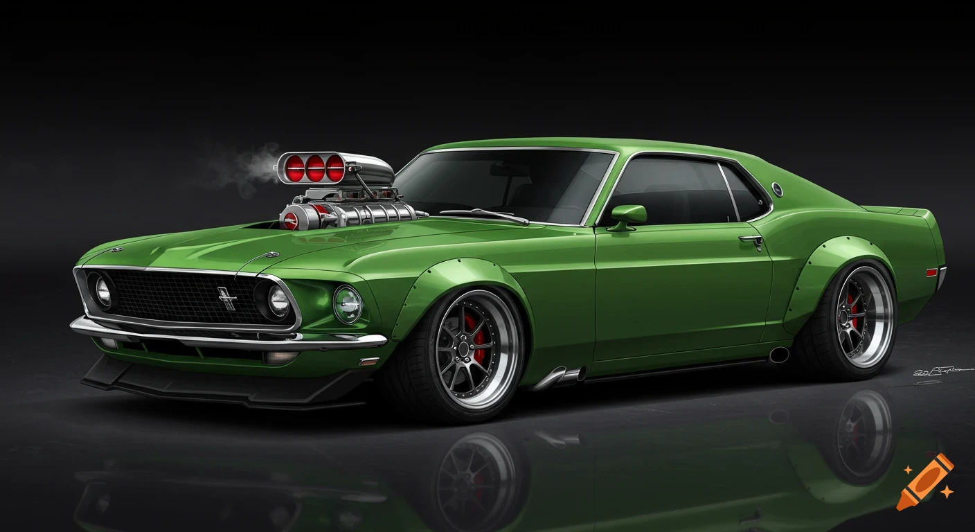 Green 1969 Mustang restomod with wide body kit, prominent blower, and ...