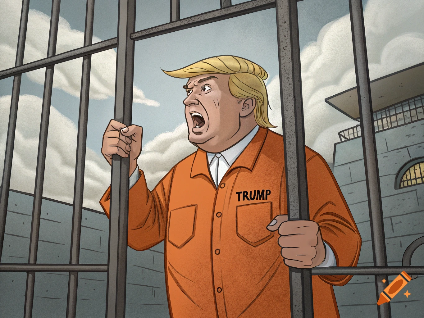 Political cartoon of Donald Trump in an orange prison jumpsuit standing behind bars. on Craiyon