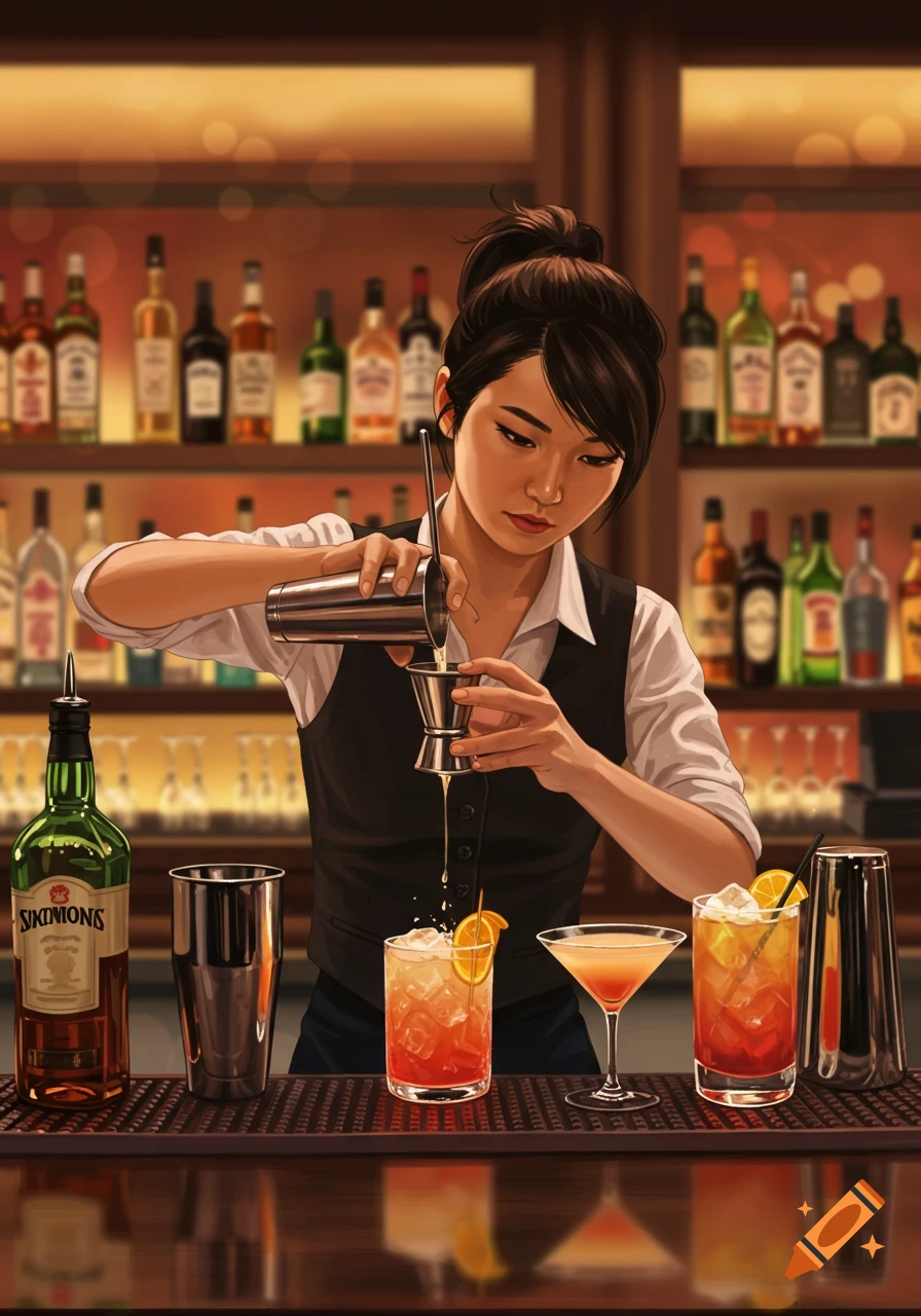 A bartender pours liquid from a shaker into a jigger over a cocktail glass at a bar. Digital art ...
