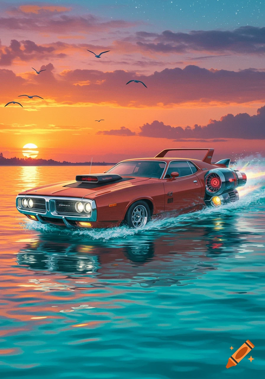 An orange 1970s Charger car with a jet engine drives on water at sunset ...
