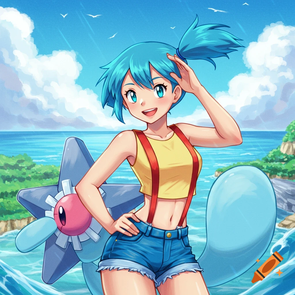 Misty from Pokemon poses by the ocean with a Staryu in anime style. on ...