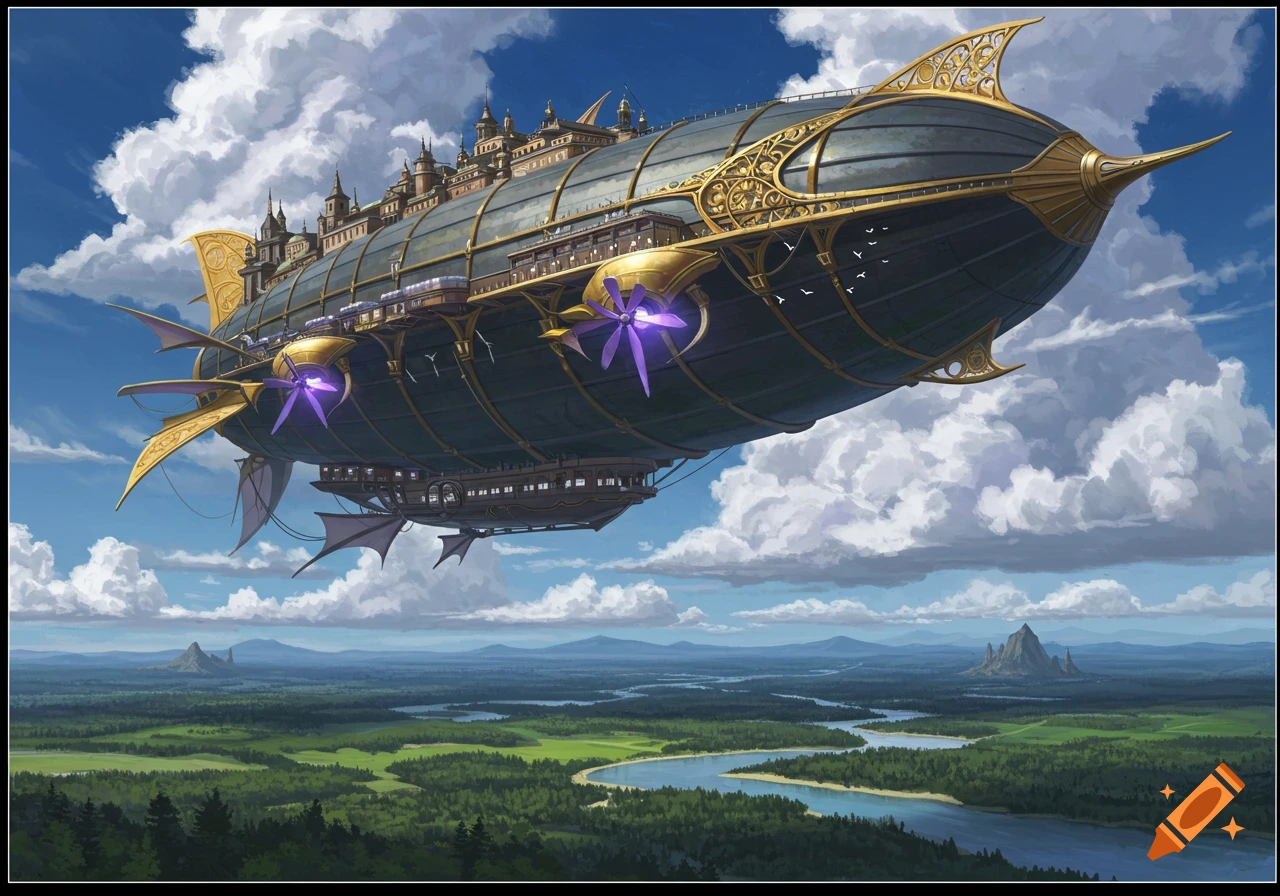 A large, ornate zeppelin with buildings on top flies over a green ...