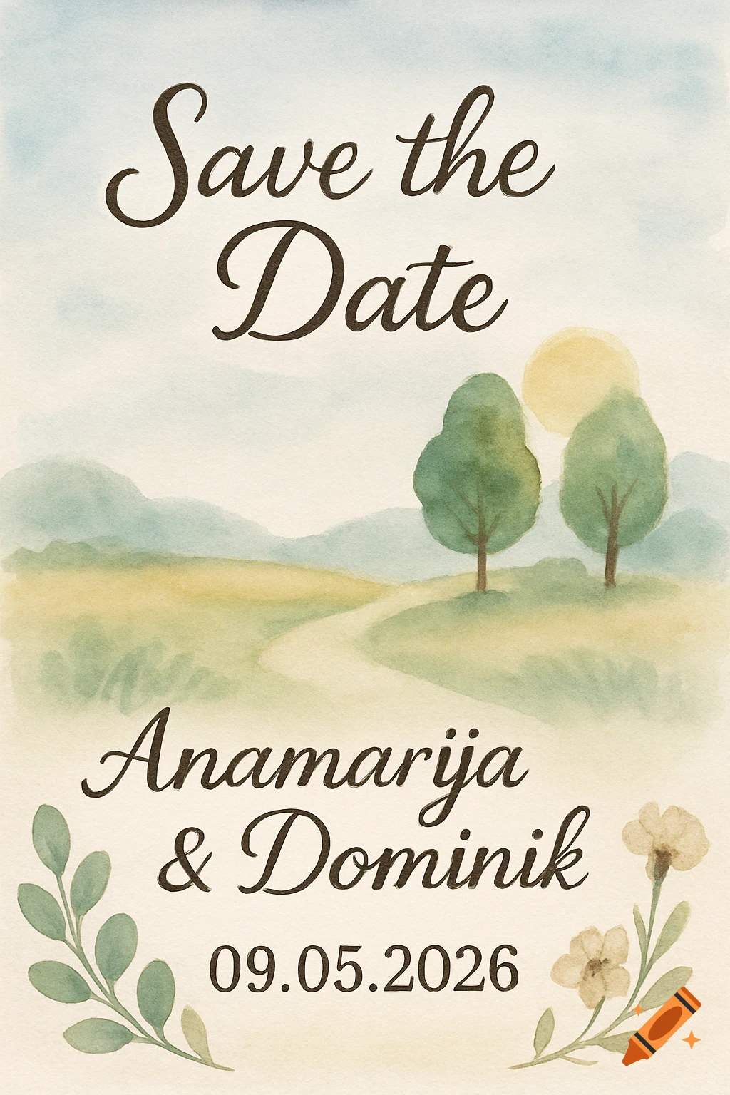Watercolor Save the Date card with text, landscape, and floral elements ...