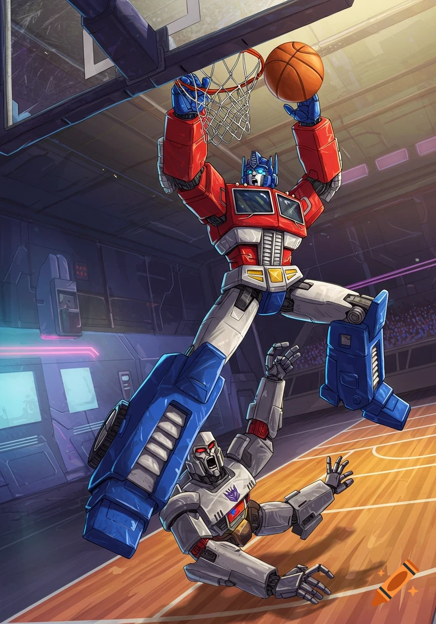 Cartoon illustration of Optimus Prime dunking a basketball on Megatron ...