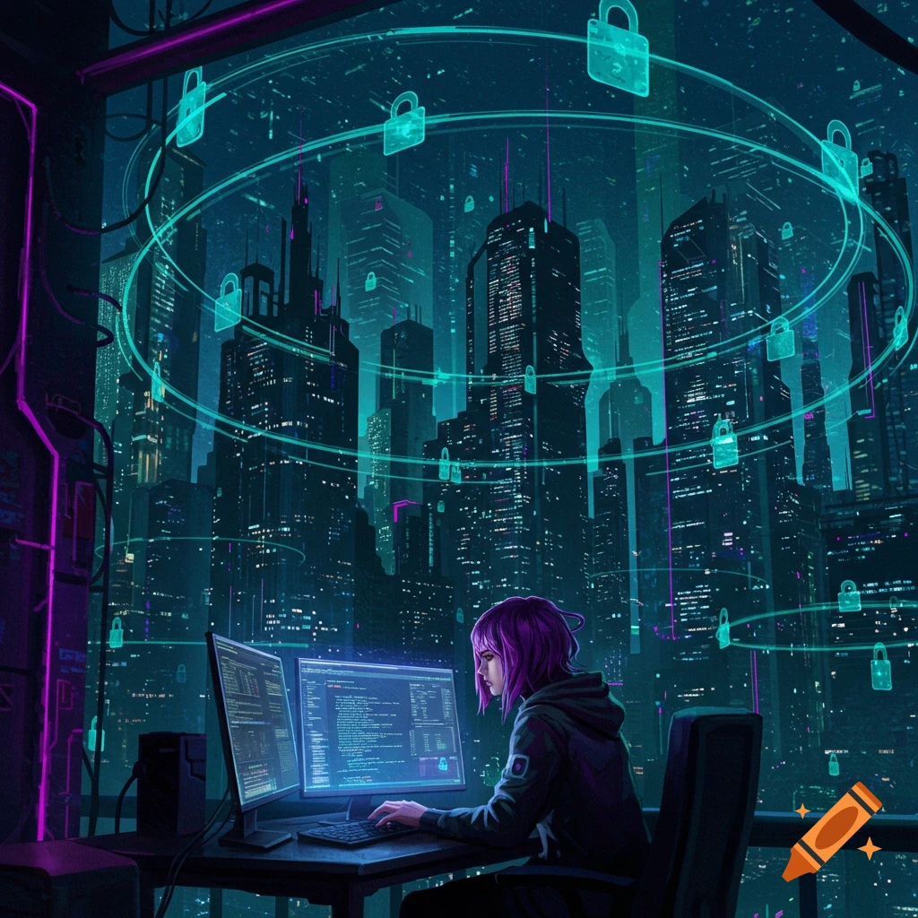 Person hacking on computers in a futuristic city with digital locks ...