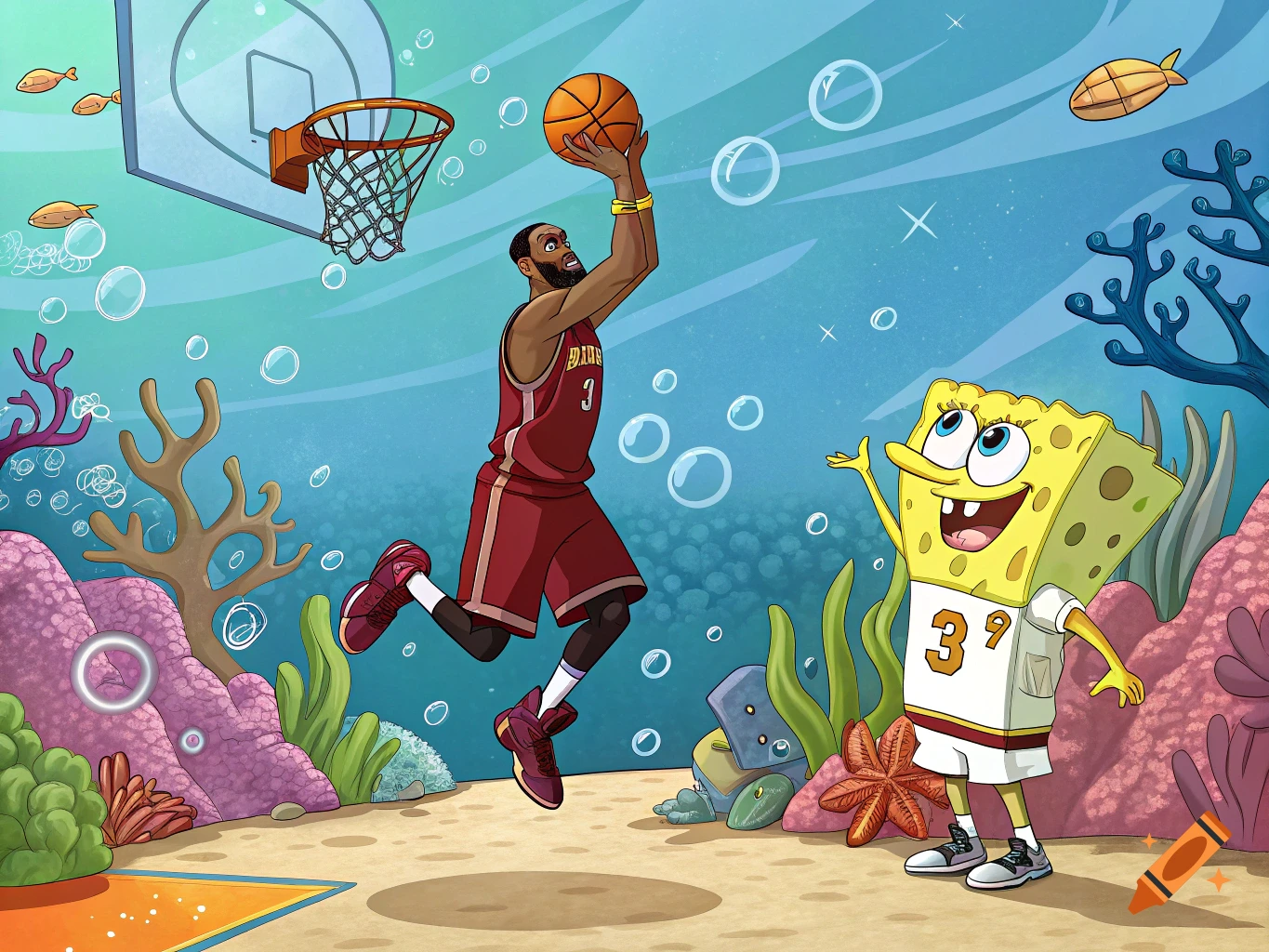 Spongebob Squarepants and LeBron James play basketball underwater in a ...