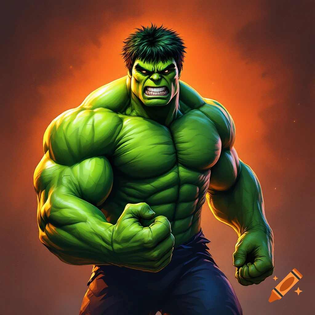 The Hulk stands flexing his muscles with an angry expression against an ...