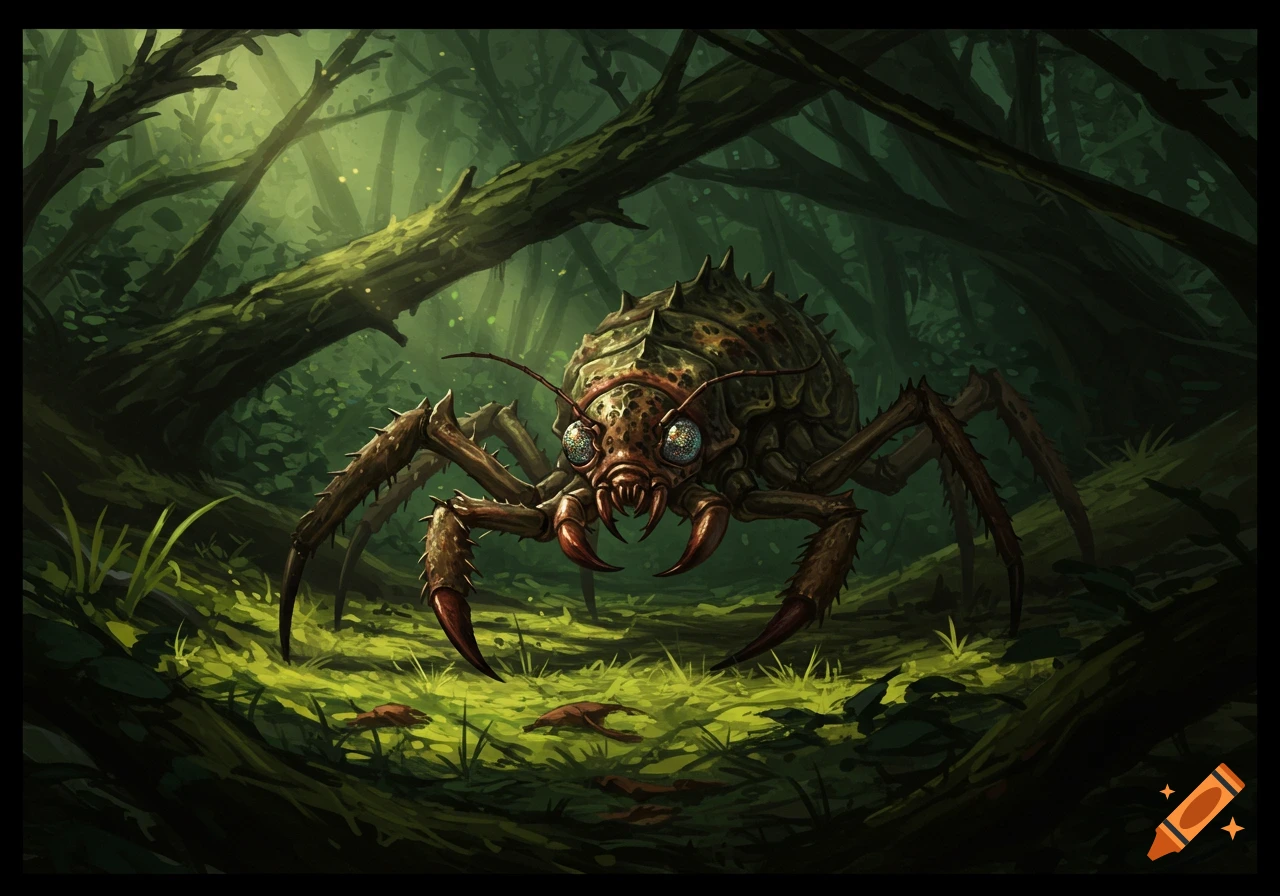 A large, monstrous insectoid creature with multiple eyes and sharp legs ...