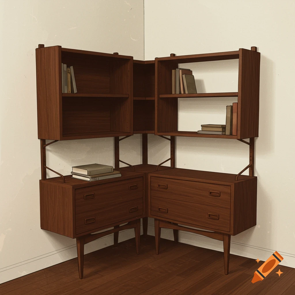 Mid-century modern corner bookshelf with books and drawers in a room ...