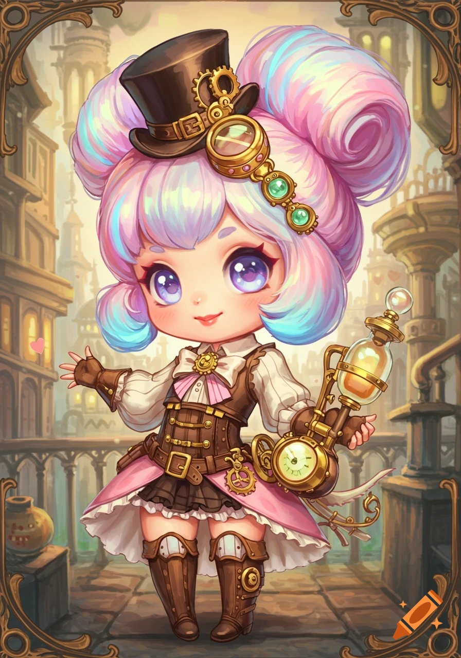 A cute chibi character in a steampunk outfit with pastel hair stands in ...