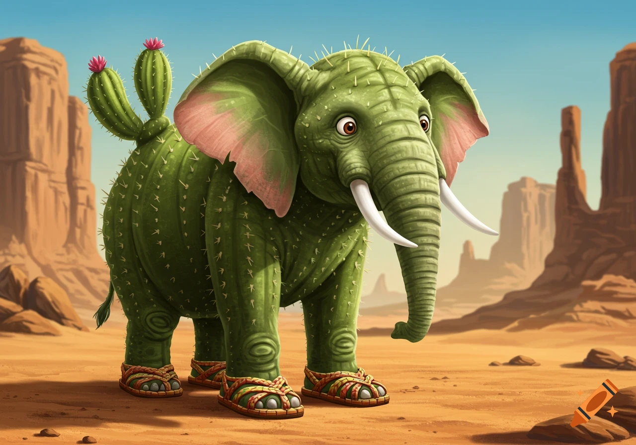 A cactus-like elephant wearing sandals stands in a desert. on Craiyon