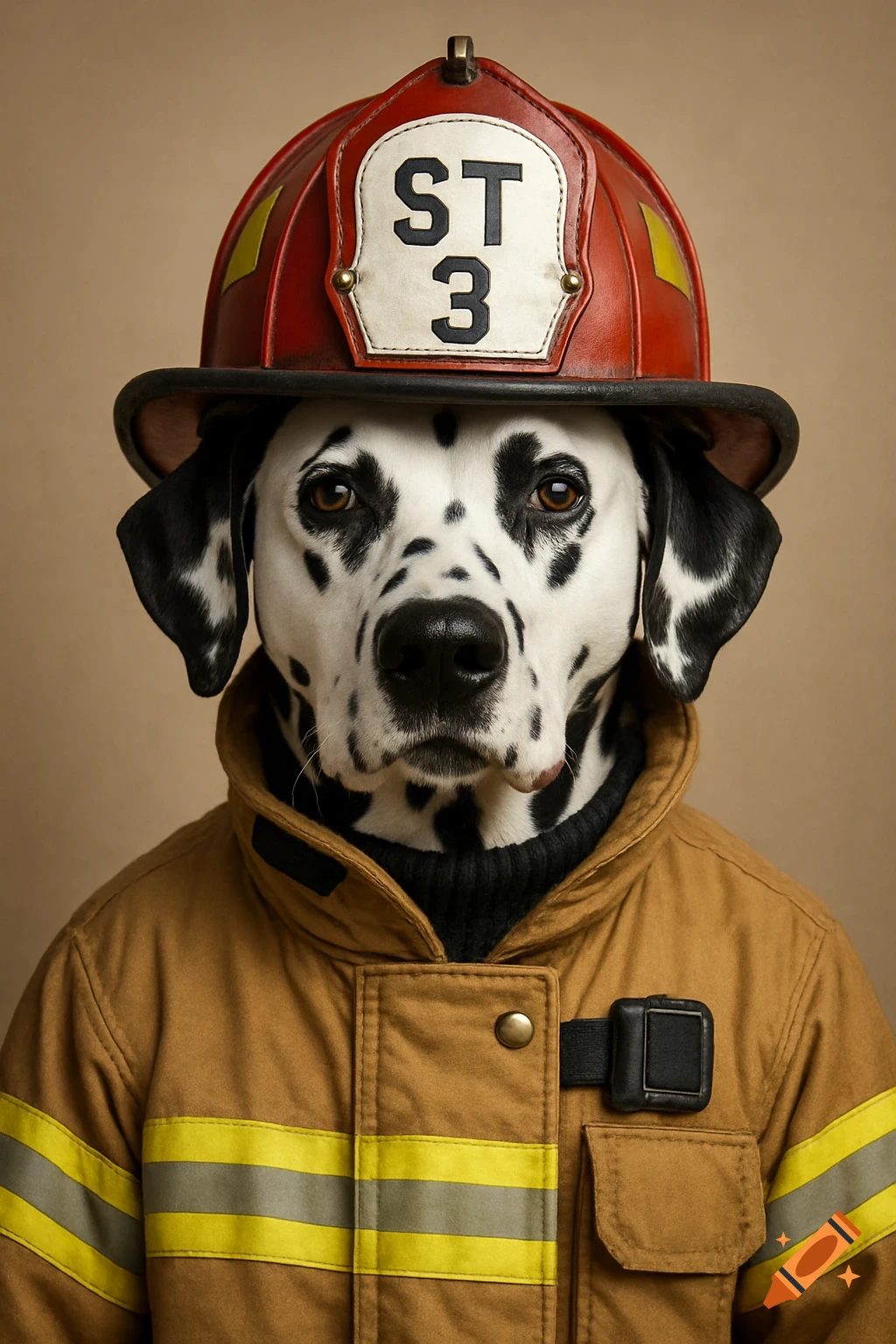 Photorealistic portrait of a Dalmatian dog wearing a firefighter helmet ...