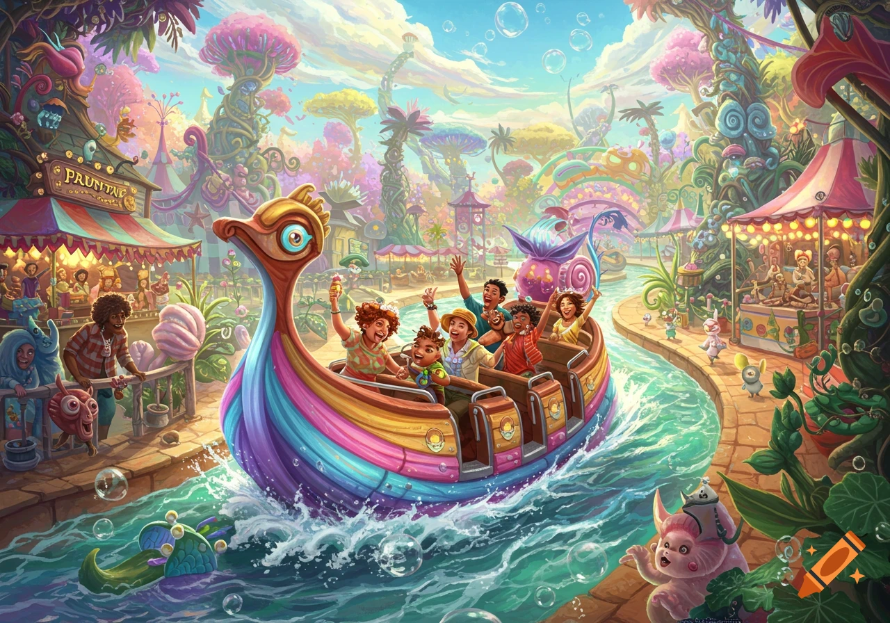 Colorful boat ride with people in a whimsical fantasy carnival. on Craiyon