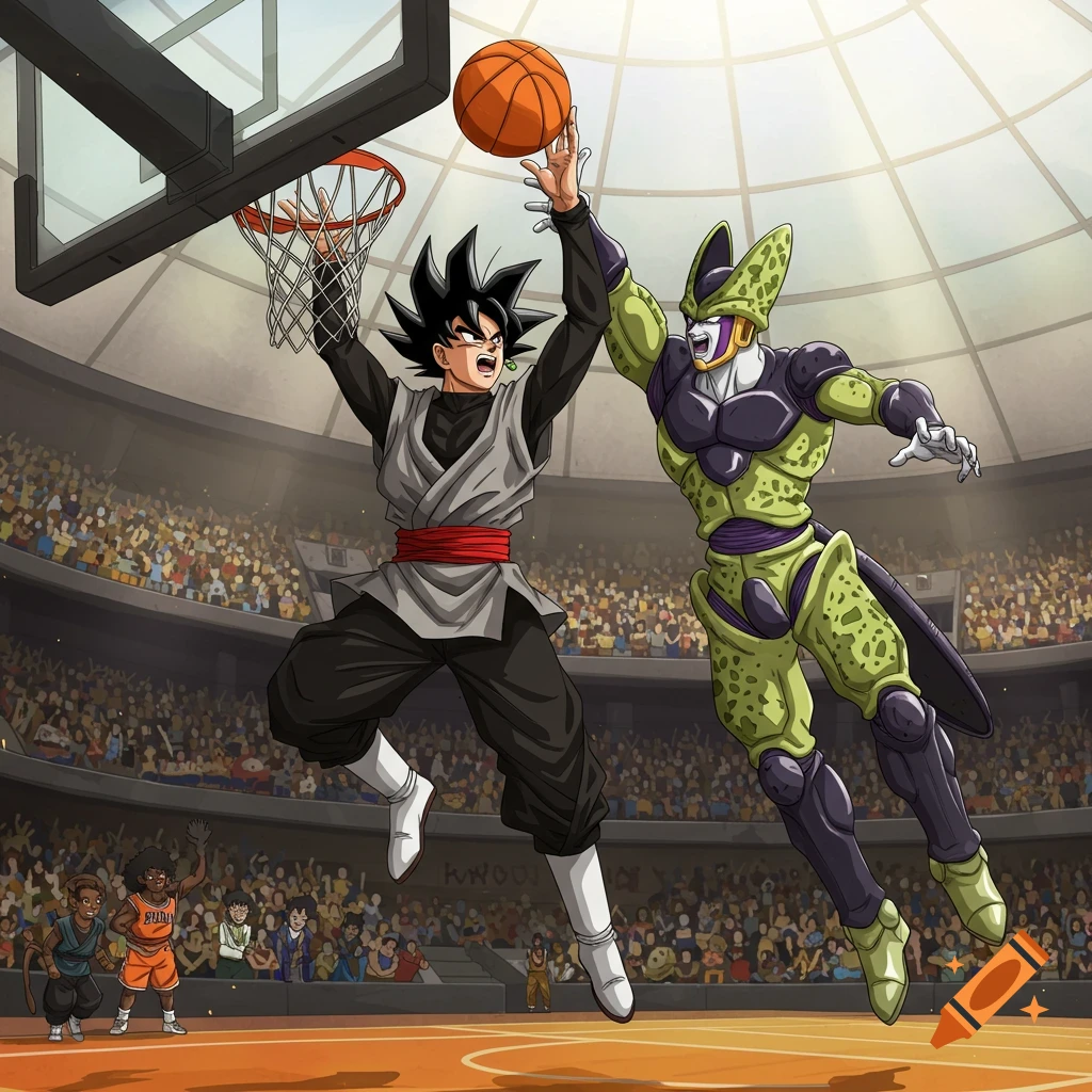 Anime characters Goku Black and Cell playing basketball in an arena. on ...