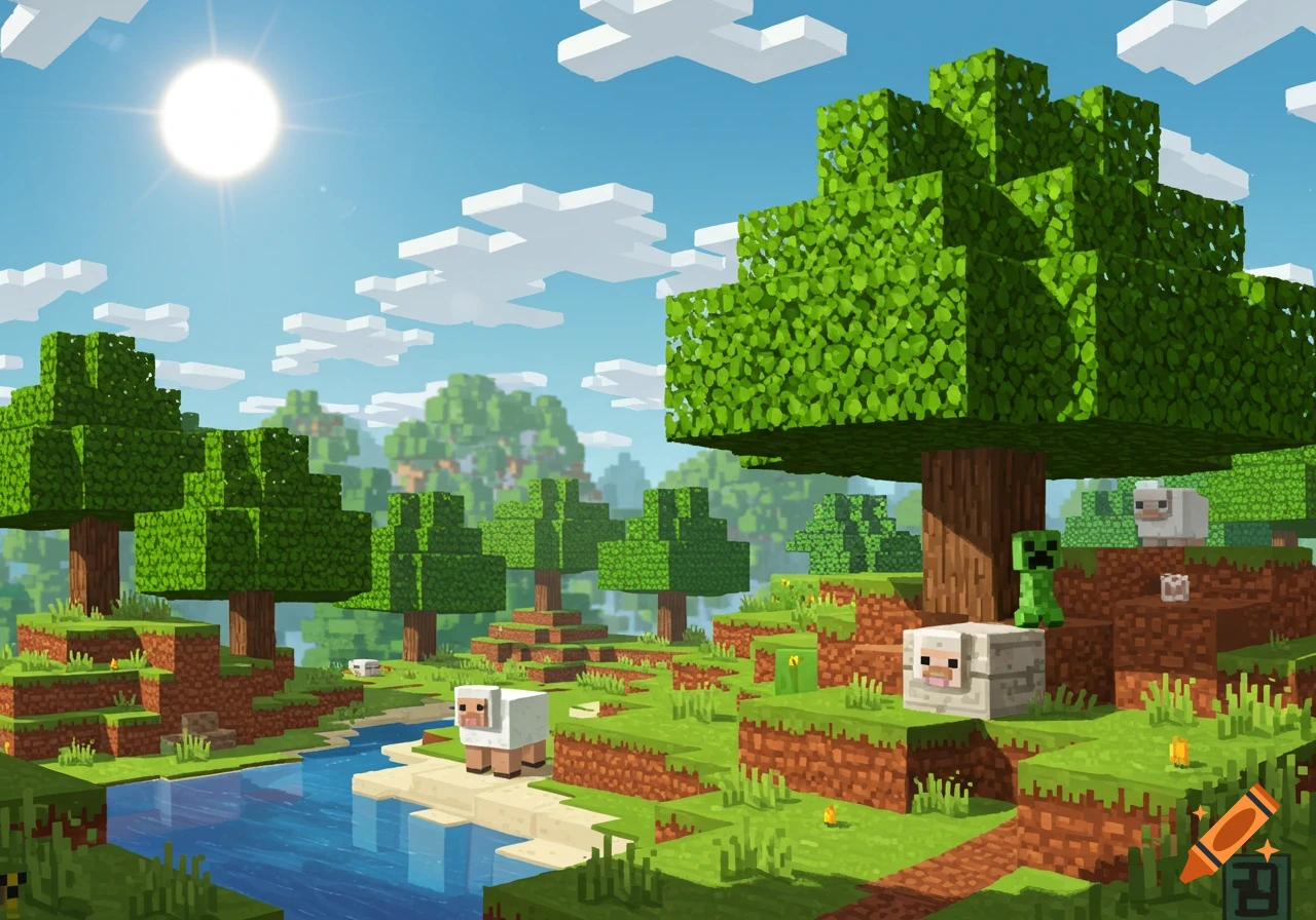 A sunny Minecraft landscape with trees, a river, sheep, and a creeper ...