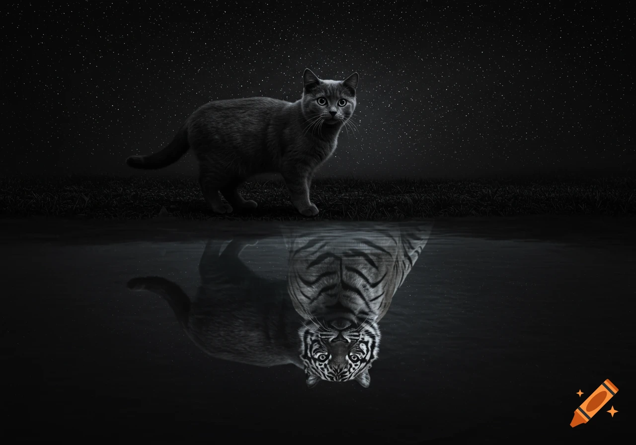 Cat standing by water at night with a tiger reflection. on Craiyon