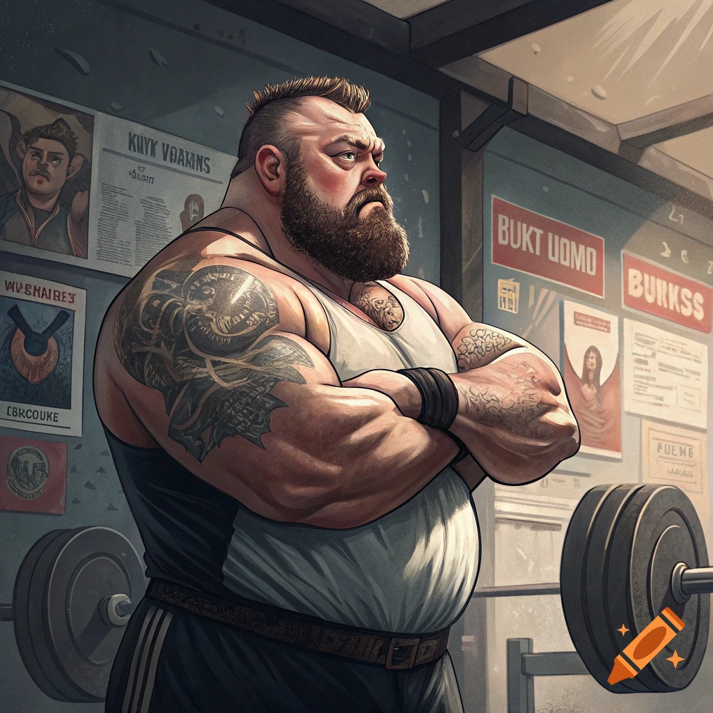 Muscular strongman with tattoos and beard stands with arms crossed in a ...