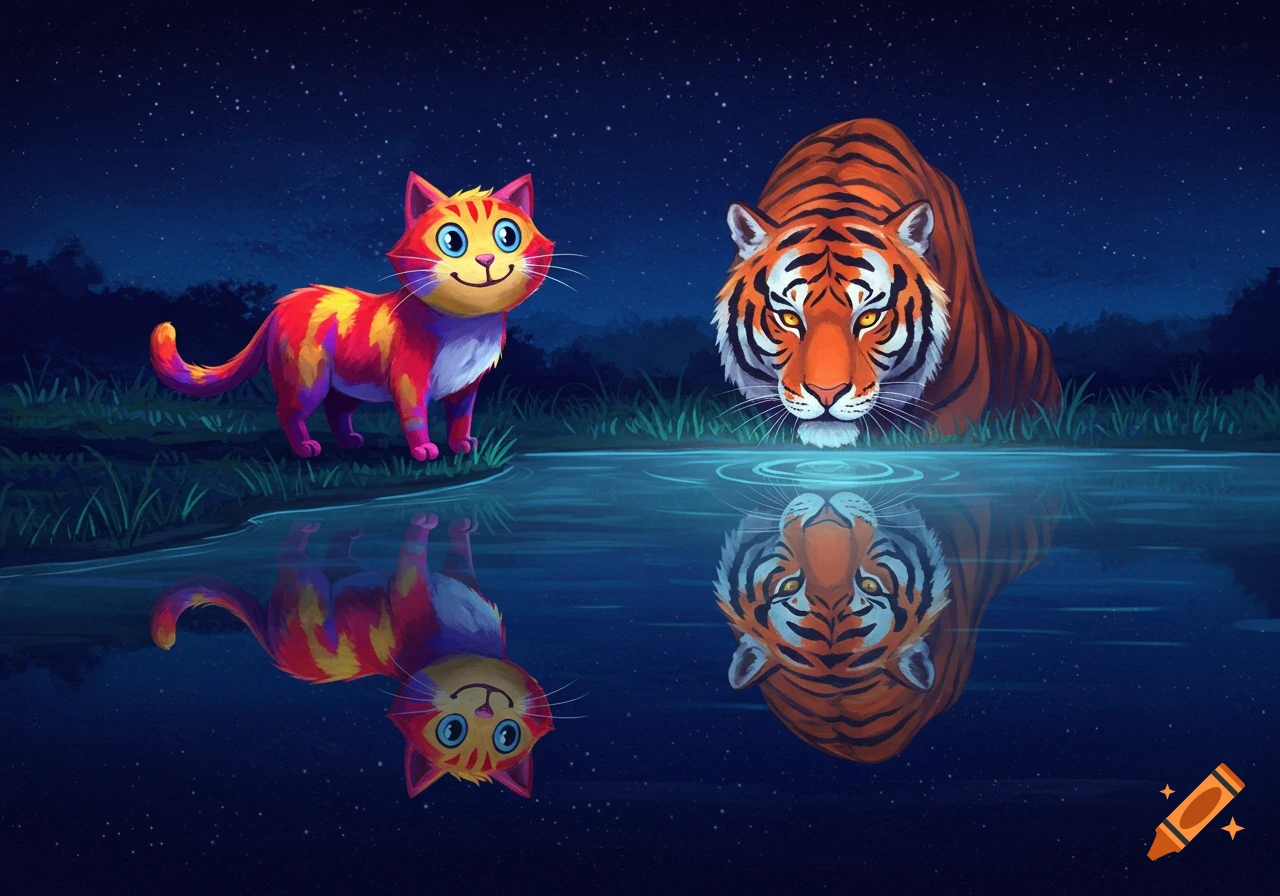 Colorful cartoon cat looks at its tiger reflection in water at night ...
