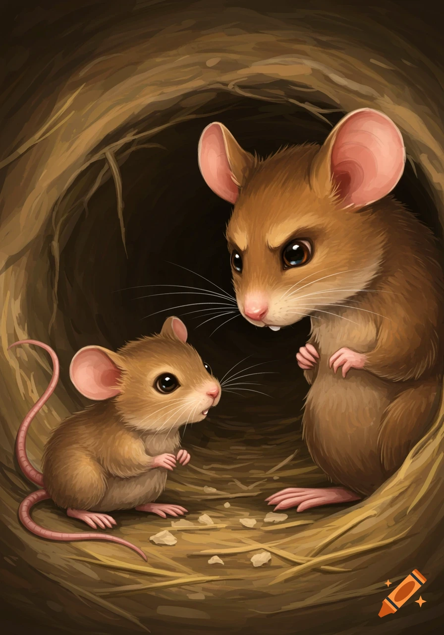 Two cartoon mice in a burrow, one looking down at the other. on Craiyon