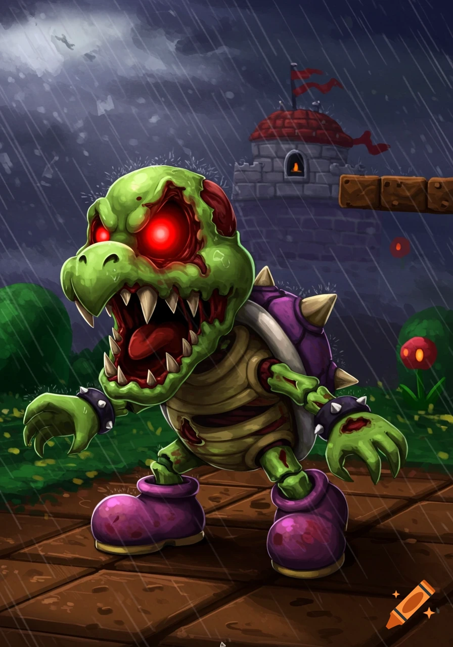 A zombie Koopa Troopa with glowing red eyes in a rainy Super Mario ...