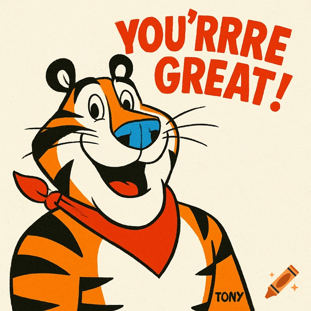 Cartoon of Tony the Tiger smiling with the text YOU'RRRRE GREAT! on Craiyon
