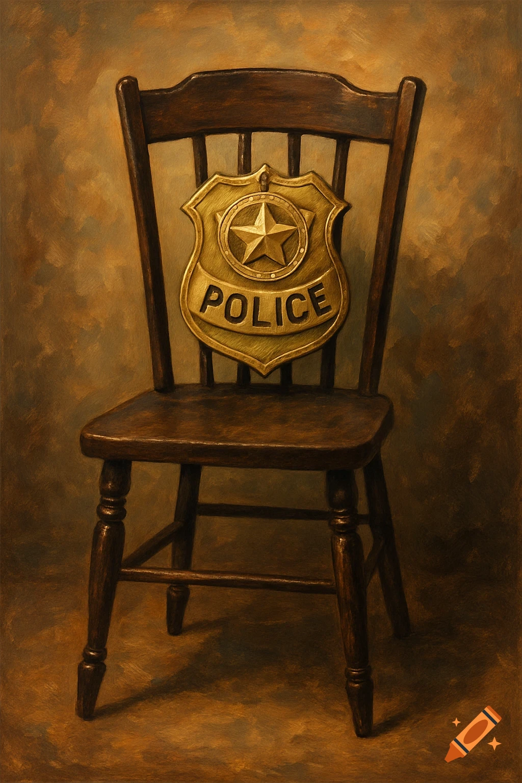 Painting of a wooden chair with a gold police badge hanging on the back ...
