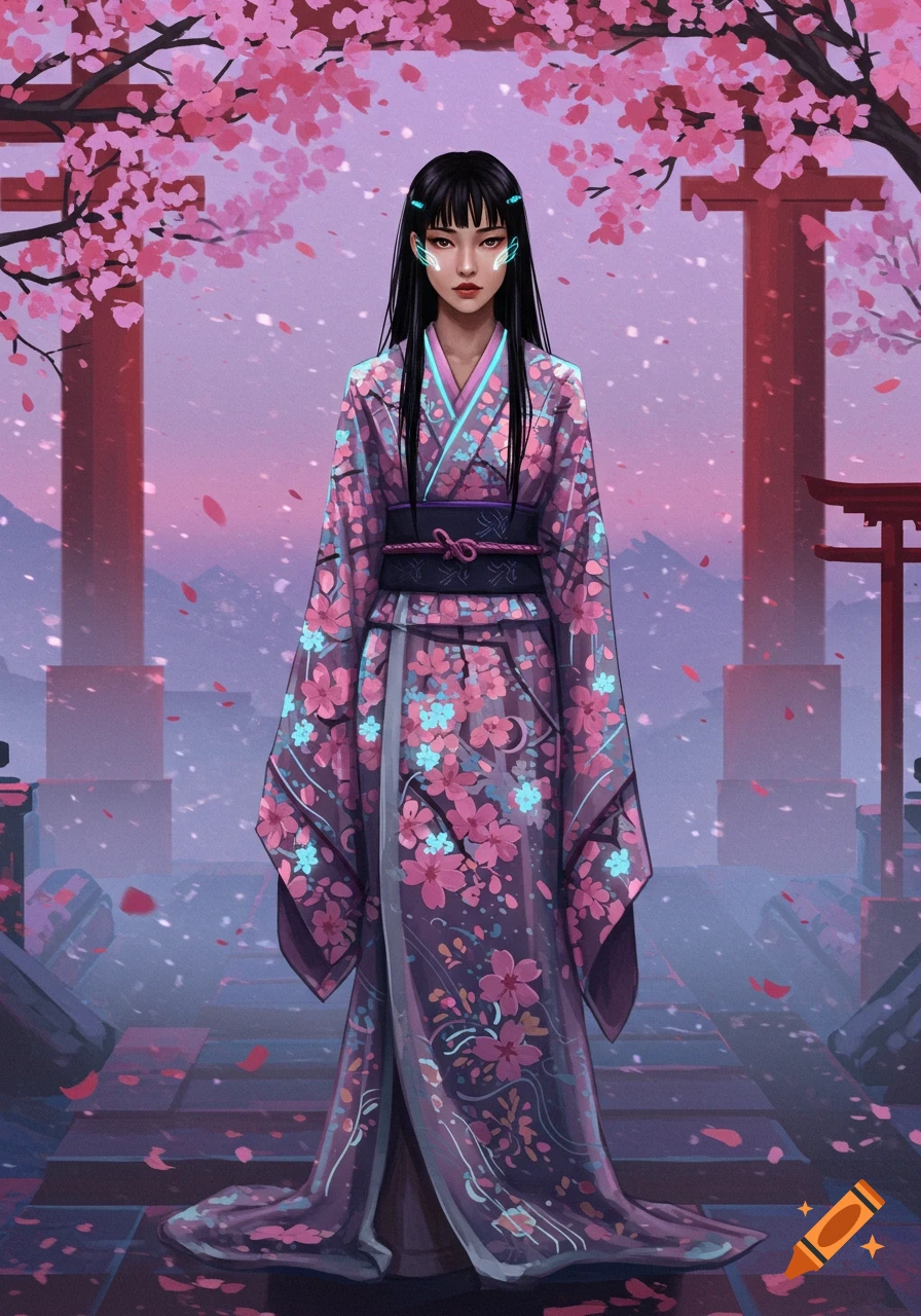 A woman in a futuristic kimono stands under cherry blossoms in a digital Japanese landscape. on ...