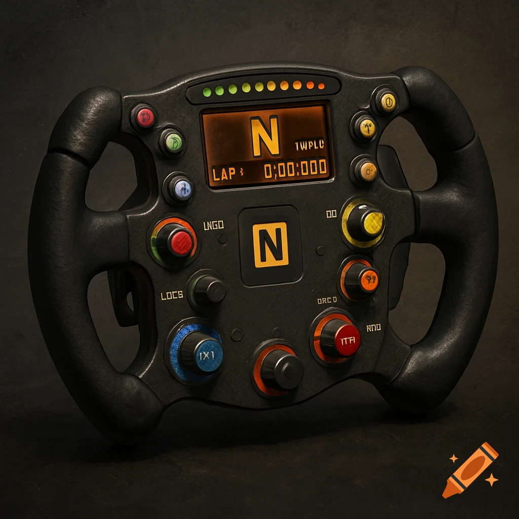 A close-up shot of a high-tech racing steering wheel. on Craiyon