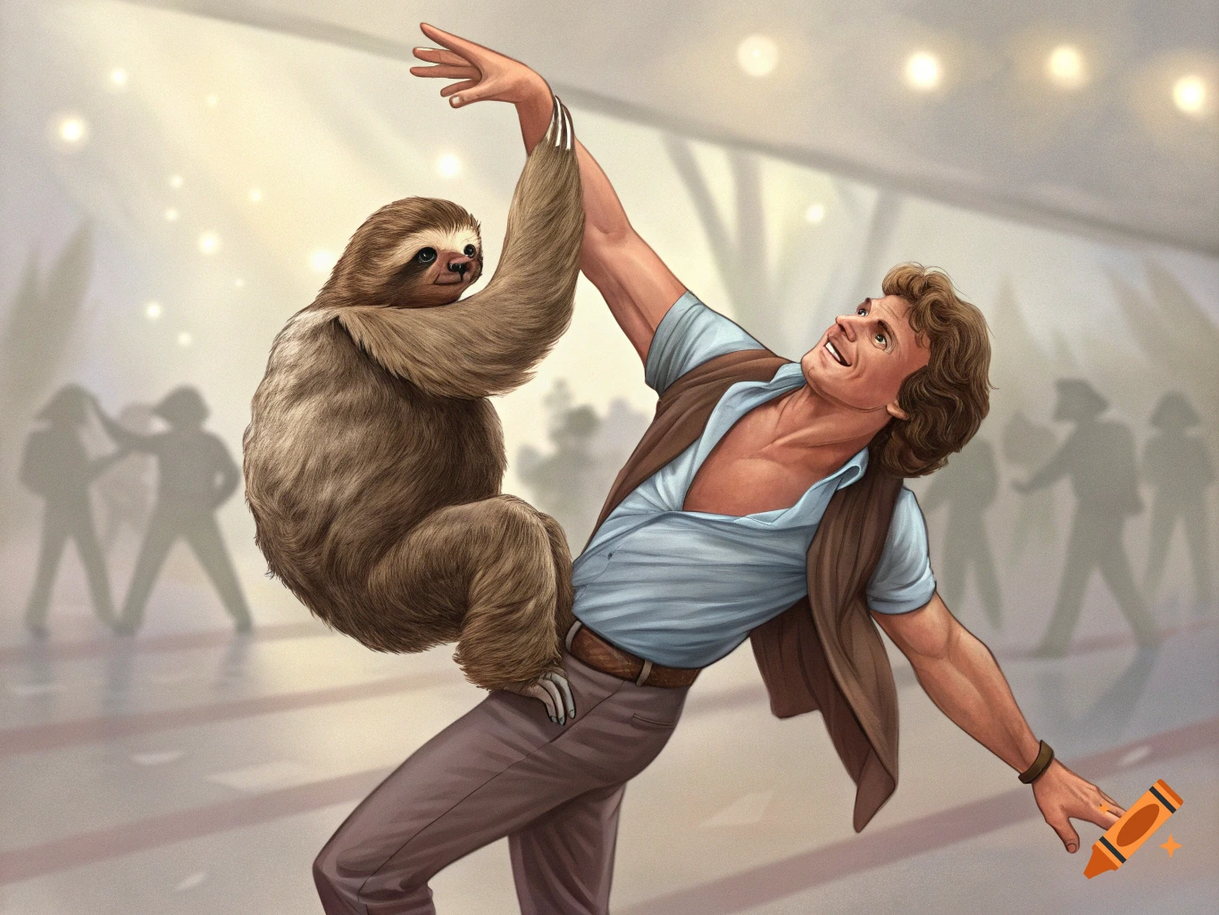 Illustration of a man lifting a sloth in a dance pose. on Craiyon