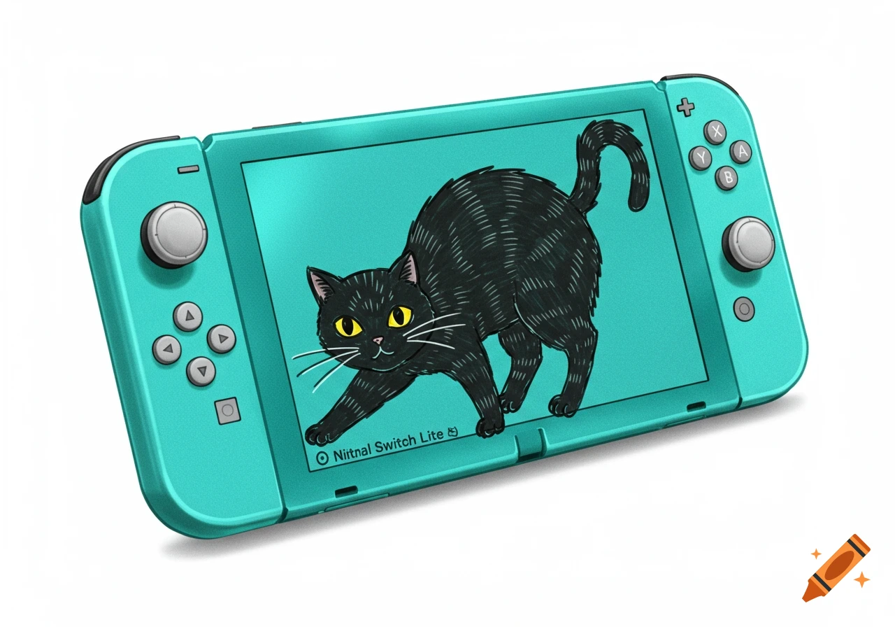 A teal Nintendo Switch Lite game console displays a drawing of a black ...