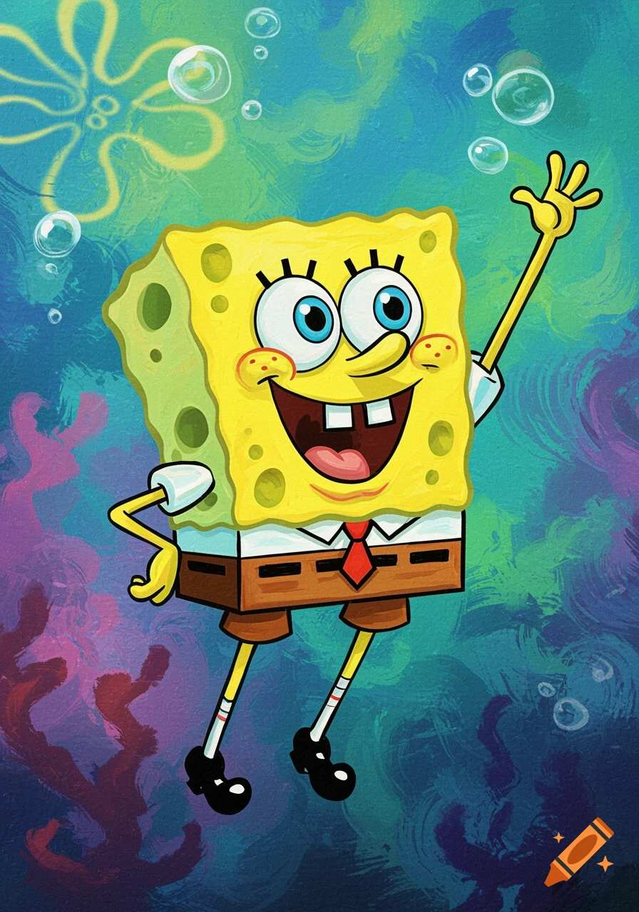 Spongebob Squarepants waves underwater in a cartoon style. on Craiyon