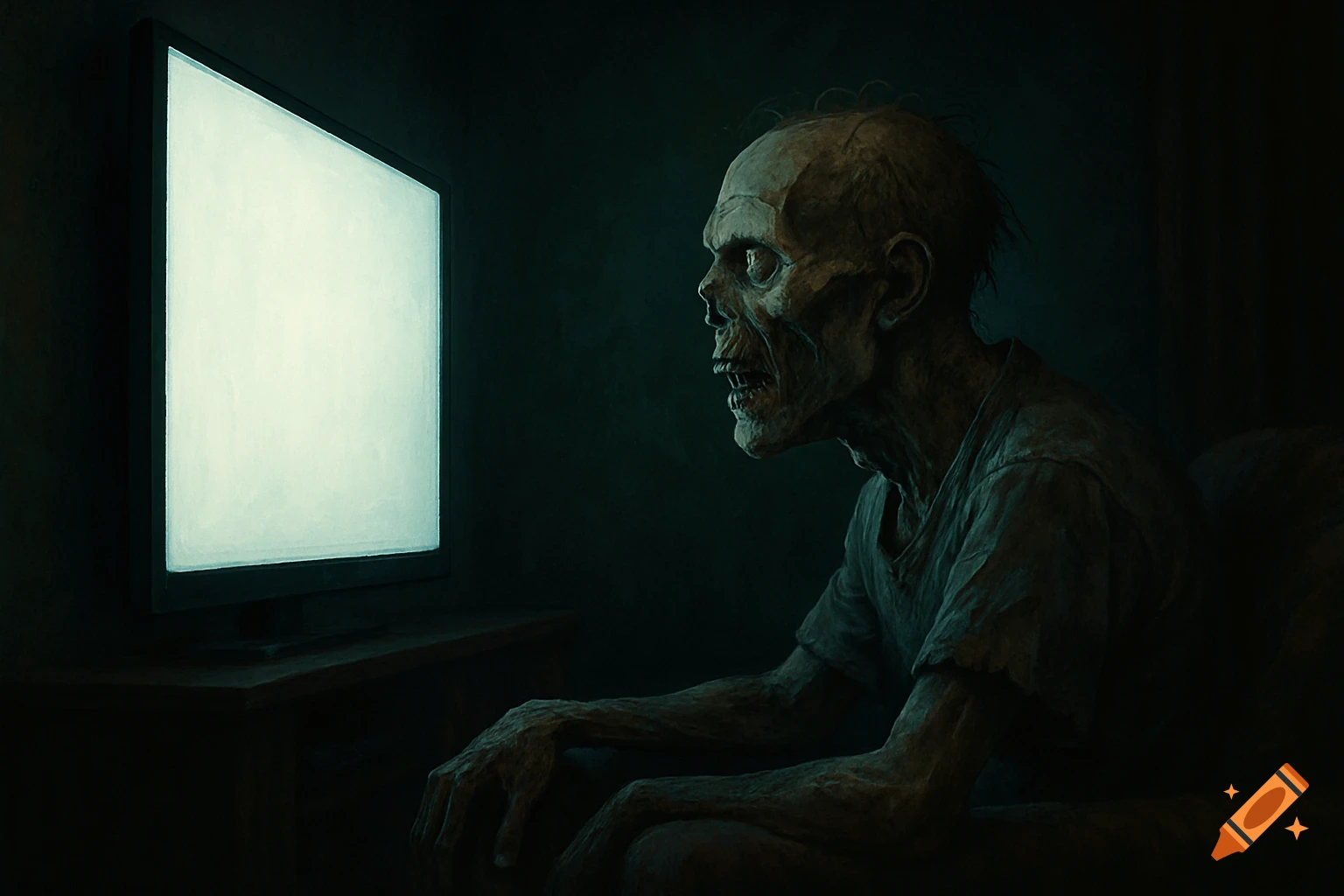 A rotting zombie sits in a dark room watching a bright, blank ...