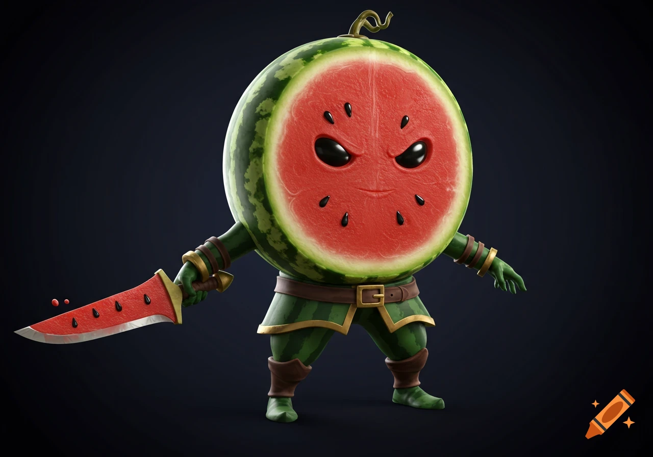 A 3D render of a cartoon watermelon character dressed as an assassin ...