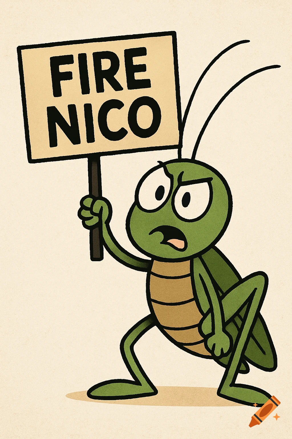 A cartoon cricket holds a protest sign that reads FIRE NICO. on Craiyon