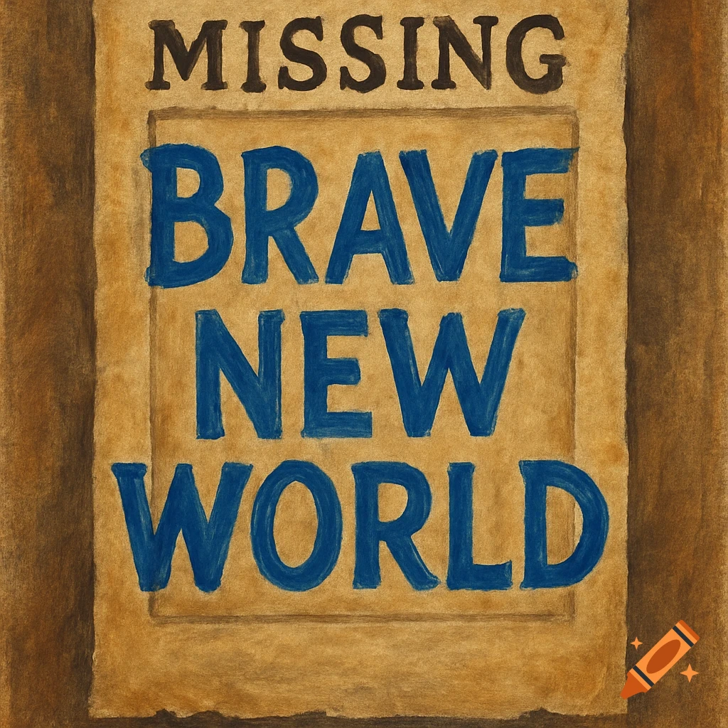 Rustic poster with the text 'MISSING BRAVE NEW WORLD'. on Craiyon