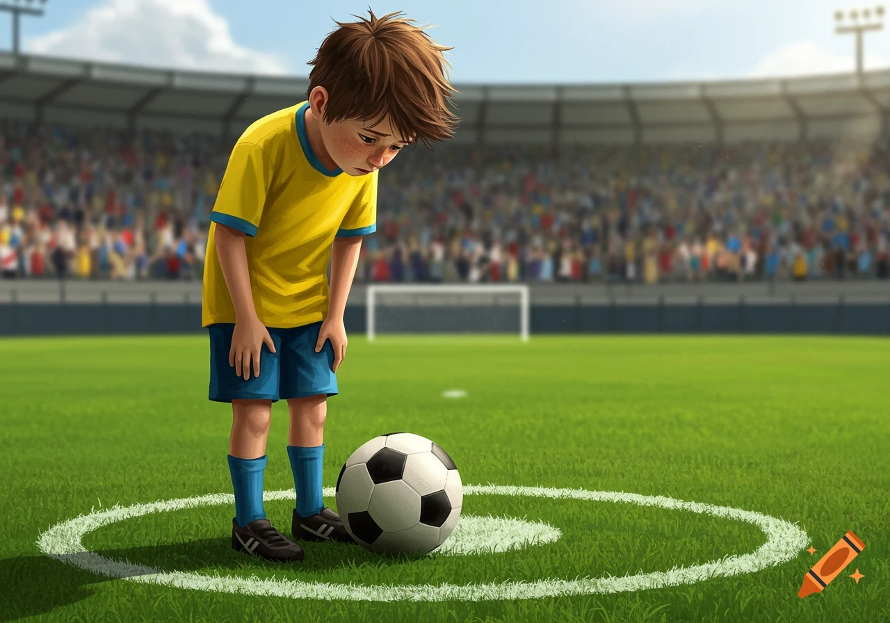 A discouraged boy in a soccer uniform stands on a field with a ball. on ...