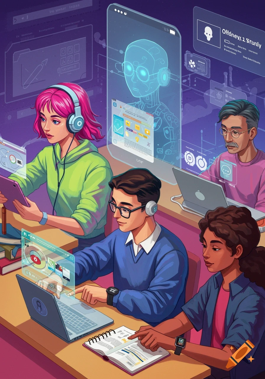 Students and instructor with futuristic screens and interfaces, digital art style. on Craiyon