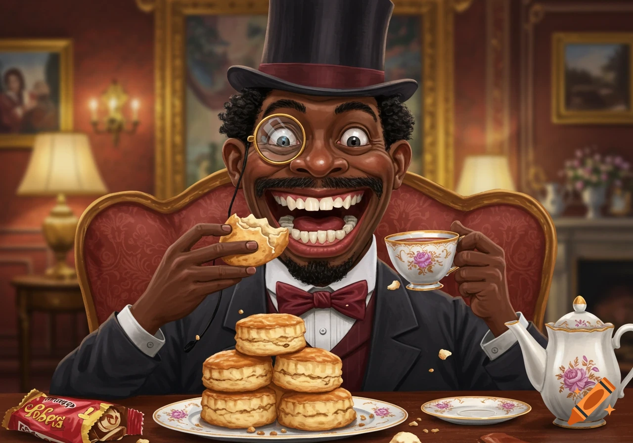 Goofy cartoon of a Black man in a top hat and monocle gleefully eating ...