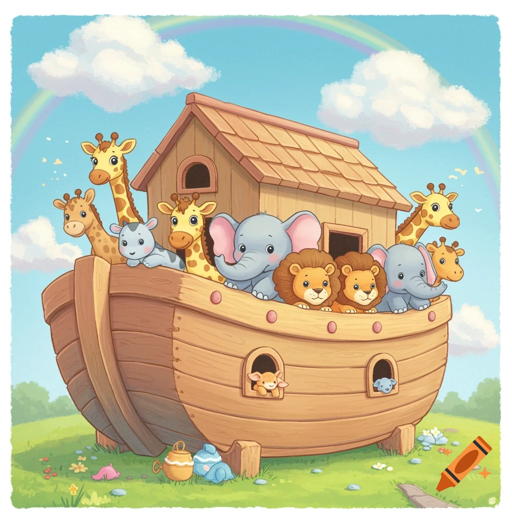 Cartoon illustration of baby animals on Noah's Ark under a rainbow on ...