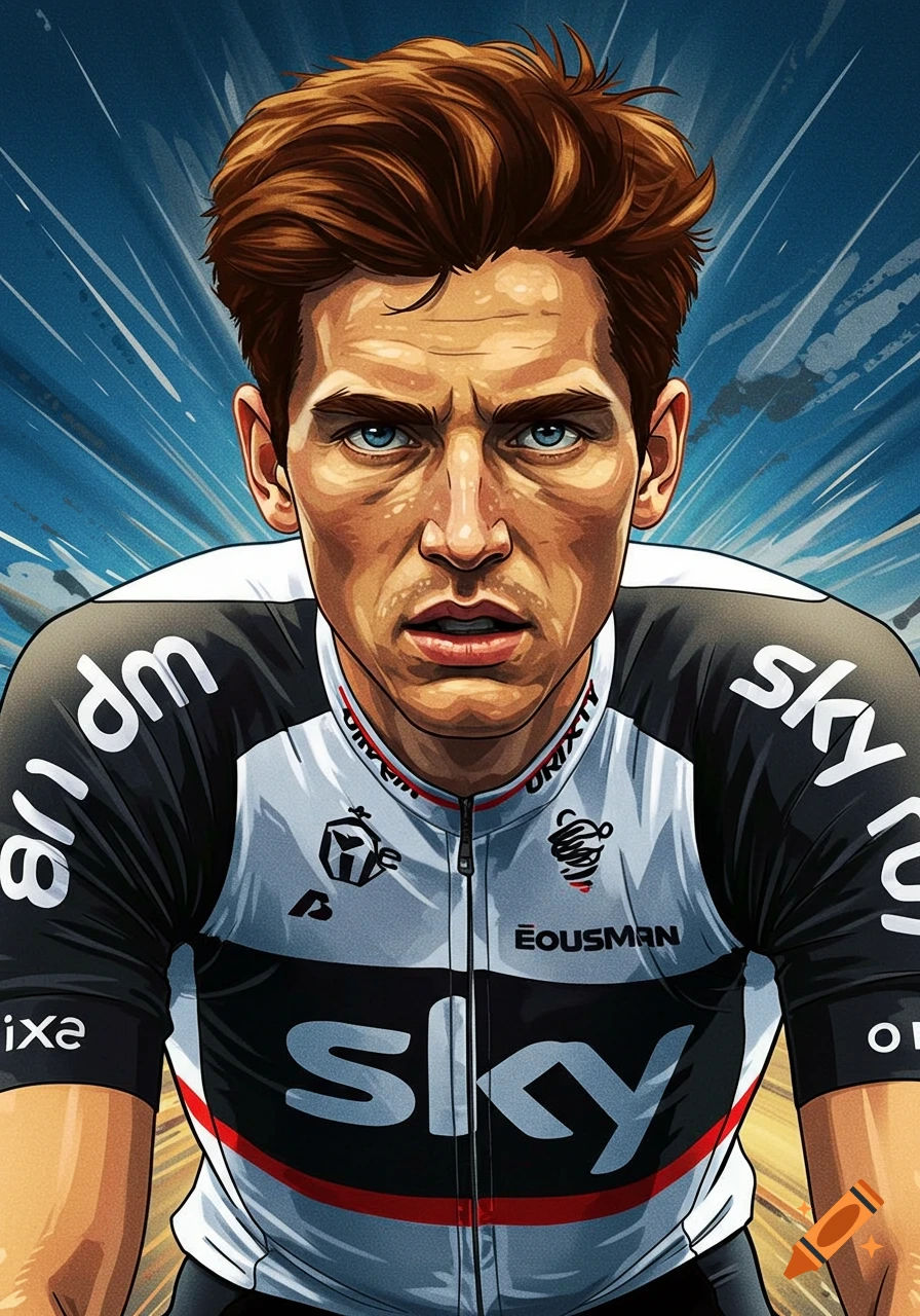 Comic illustration portrait of a male cyclist in a black and white ...