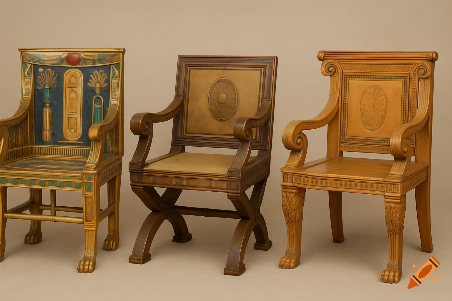 Three ornate chairs inspired by Egyptian, Roman, and Greek designs on ...