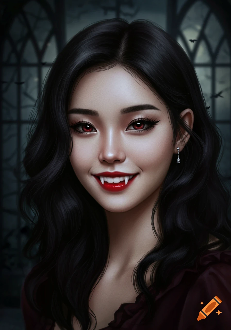 Portrait of a young Asian vampire woman smiling with fangs and red eyes ...